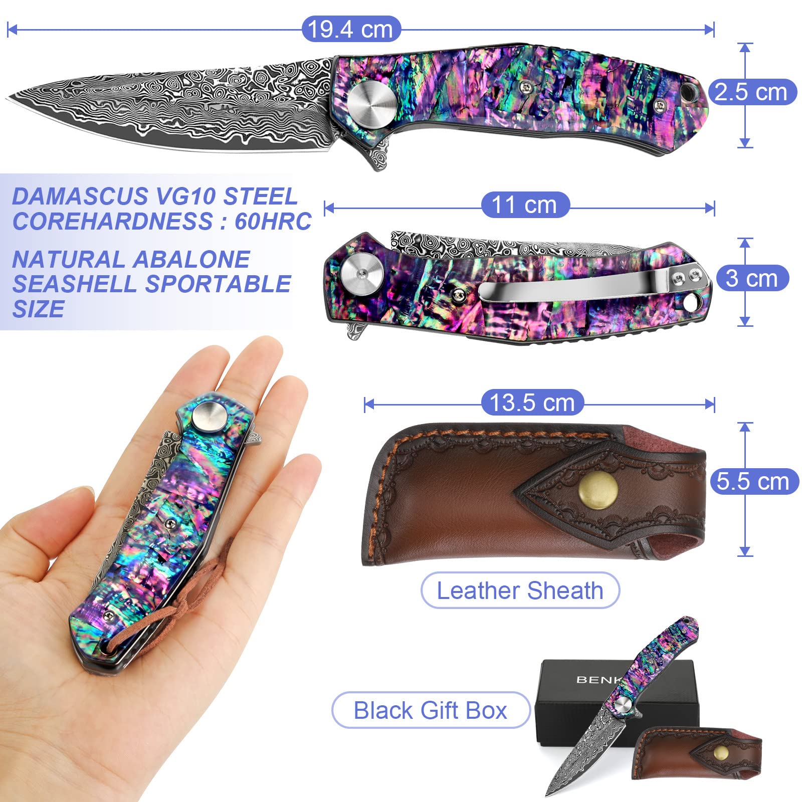 Benkey Abalone Seashells VG10 Damascus Pocket Knife with Clip Leather Sheath and Fixed Blade Hunting Knife Bundles