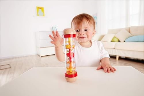 Hape Beaded Raindrops | Mini Wooden Musical Toddler Instrument, Shake & Rattle Rainmaker Toy, Red
