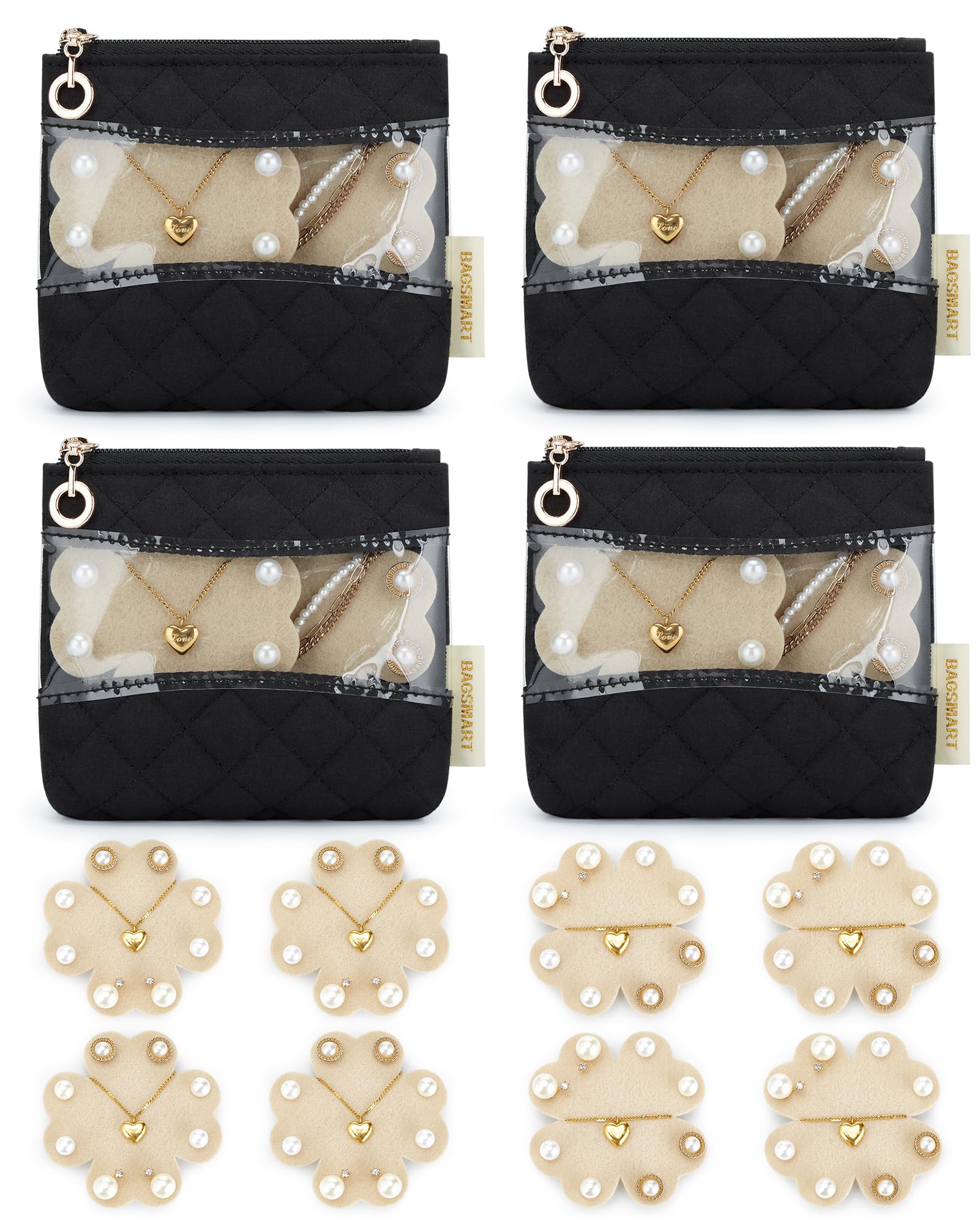 BAGSMART Travel Jewelry Organizer Case,Portable Storage Bag for Travel,Jewelry Pouch for Tangle-Free Necklaces, Earrings,Rings,Bracelet,Small,4pc Pink&Black with 4 Clover