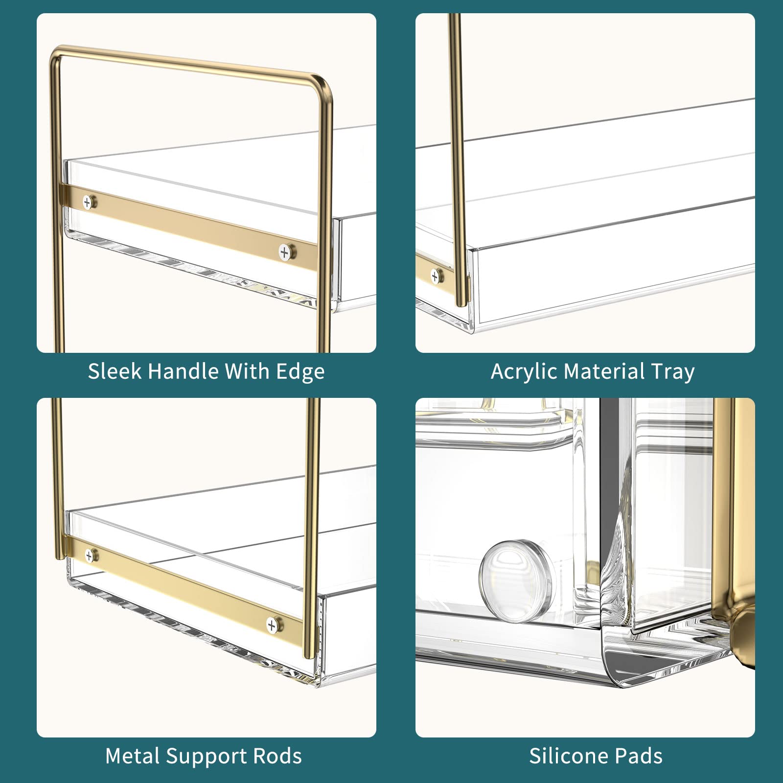 Bathroom Countertop Organizer, 3 Tier Acrylic Tray Vanity Counter Skincare Organizer Shelf, Kitchen Under Sink Standing Rack, Home Storage Holder for Lotion Makeup Cosmetics Perfume Spice, Gold