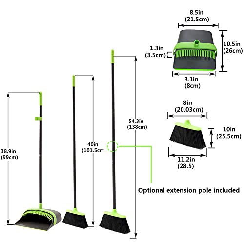 Broom and Dustpan,Indoor Broom and Dust Pans with Long Handle Up to 54 Inches,Broom and Dustpan Set for Home,Standing Upright Broom with Dustpan Combo Set for Kitchen Room Office Lobby Floor(Green)