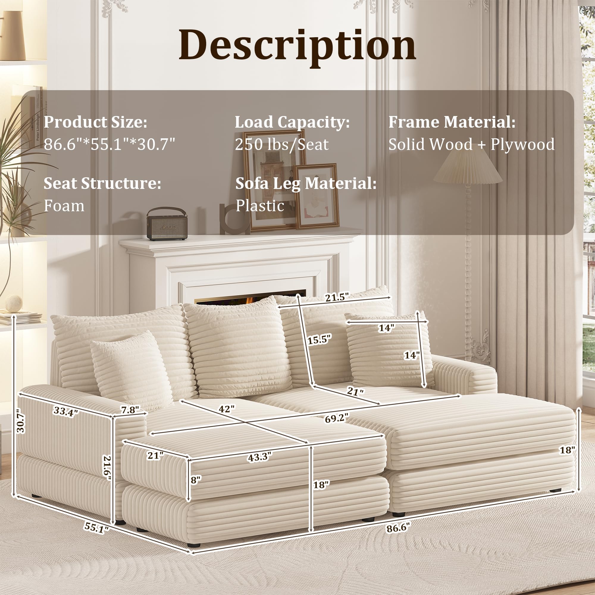 Corduroy Fabric Sofa Couch with Ottoman, 43.3 Inch Width Single Sofa Chair, Comfy Cloud Couch for Living Room Bedroom Apartment-Grey