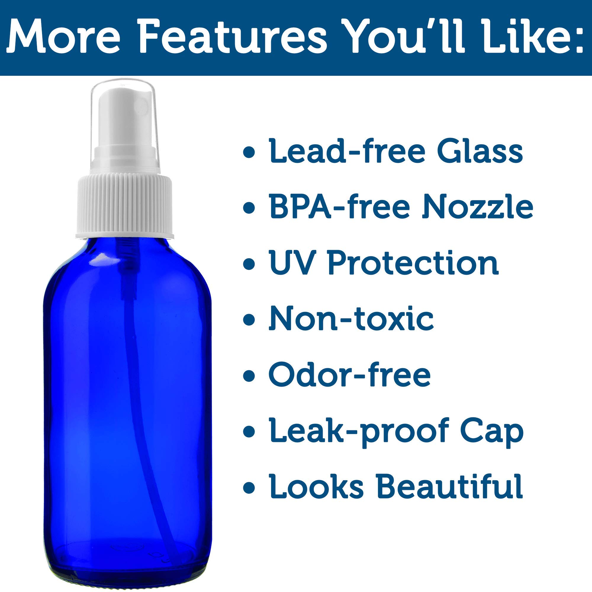 Sally's Organics 4oz Empty Blue Glass Spray Bottles - Small 4 oz Misters Great for Face Spritz, Essential Oils, Beauty Solutions, and Cleaning Sprayer - Portable Atomizer Spritzer - 2 Pack