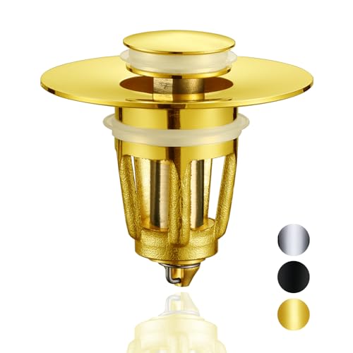 Bathroom Drain Stopper for 1.08" - 1.4", Brass Pop Up Drain Stopper Anti Clogging Drain Plug with Basket, Bathroom Kitchen Vessel Sink Drain Strainer Spring Bounce Core Push Type Drain Filter (Gold)
