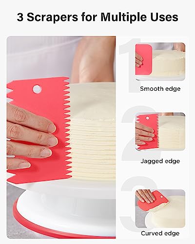 Kootek Cake Decorating Kit Baking Supplies Cake Turntable with 2 Frosting Straight Angled Spatula 3 Icing Smoother Scrapers Baking Accessories Tools for Beginners and Pros, Pink
