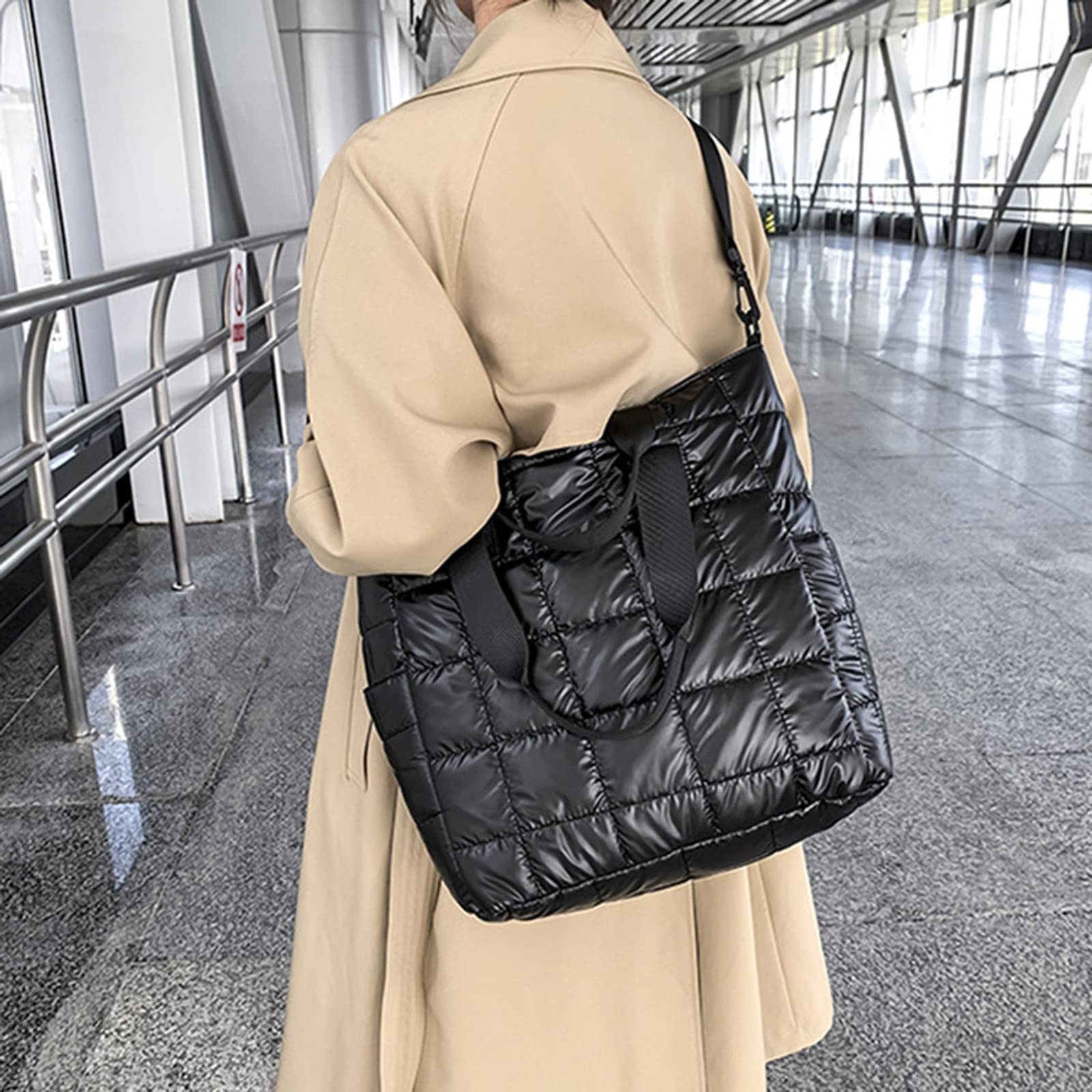 Beach Bags For Women Women's Bags Solid Color Plaid Quilted Bag Large Capacity Zipper Shoulder Bag (Black, One Size)