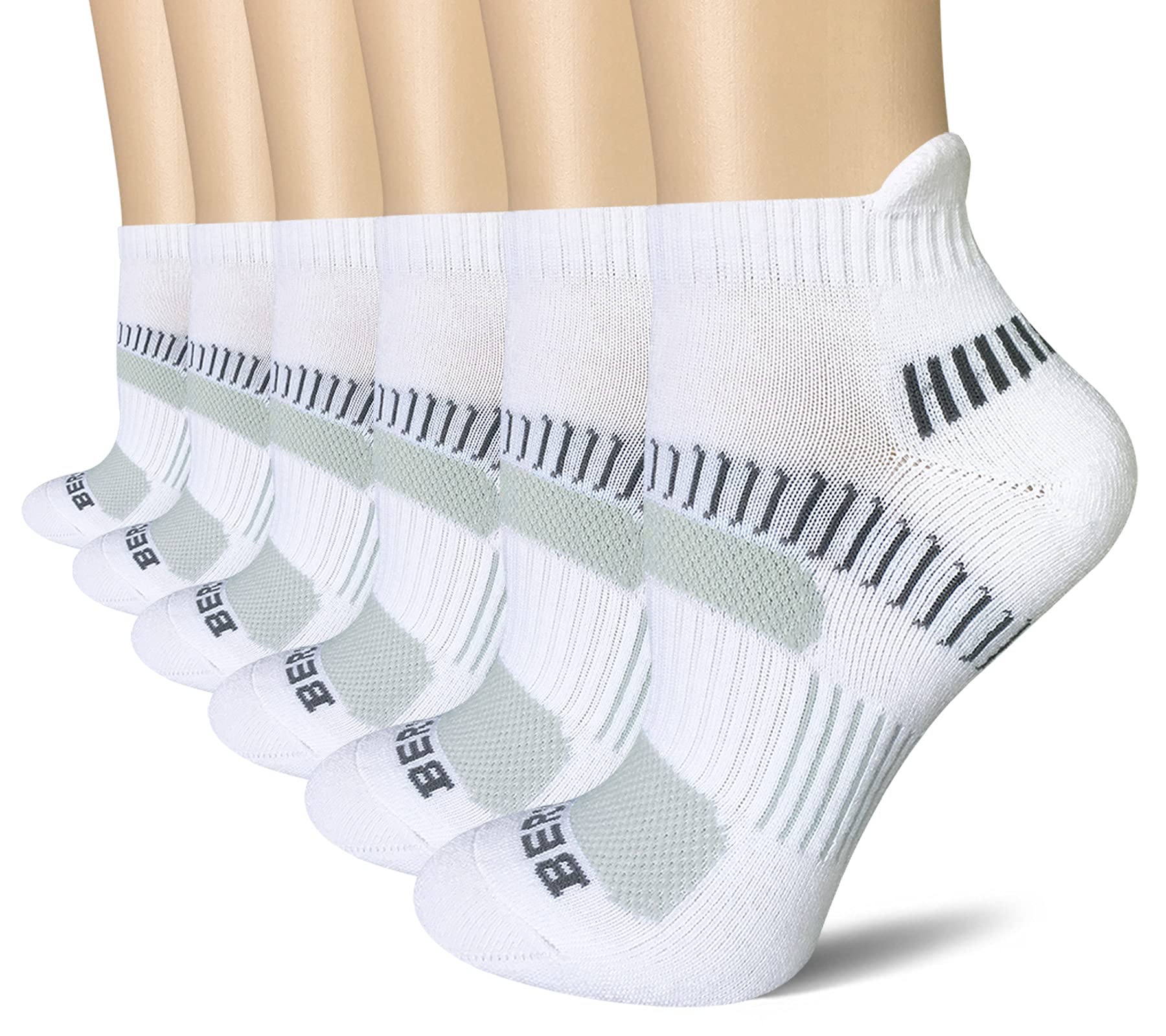 BERING Women's Performance Athletic Ankle Running Socks, Size 5-8, White, 6 Pairs