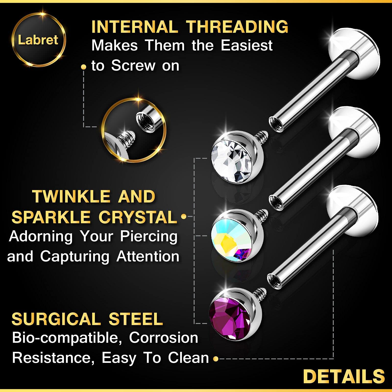 BanaVega 3PCS Steel Internally Threaded Labret Rings 16 gauge 5/16 8mm 3mm Crystal Auricle Tragus Earrings Lip Piercing Jewelry 0493