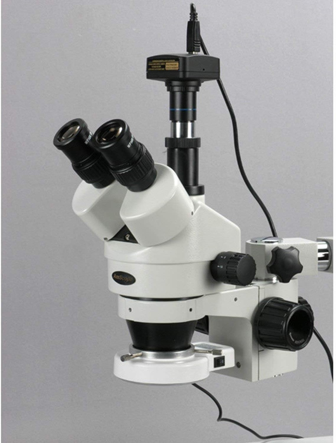 AmScope SM-3TZ-54S-9M Digital Professional Trinocular Stereo Zoom Microscope, WH10x Eyepieces, 3.5X-90X Magnification, 0.7X-4.5X Zoom Objective, 54-Bulb LED Light, Single-Arm Boom Stand, 110V-240V, Includes 0.5X and 2.0X Barlow Lenses and 9MP Camera with