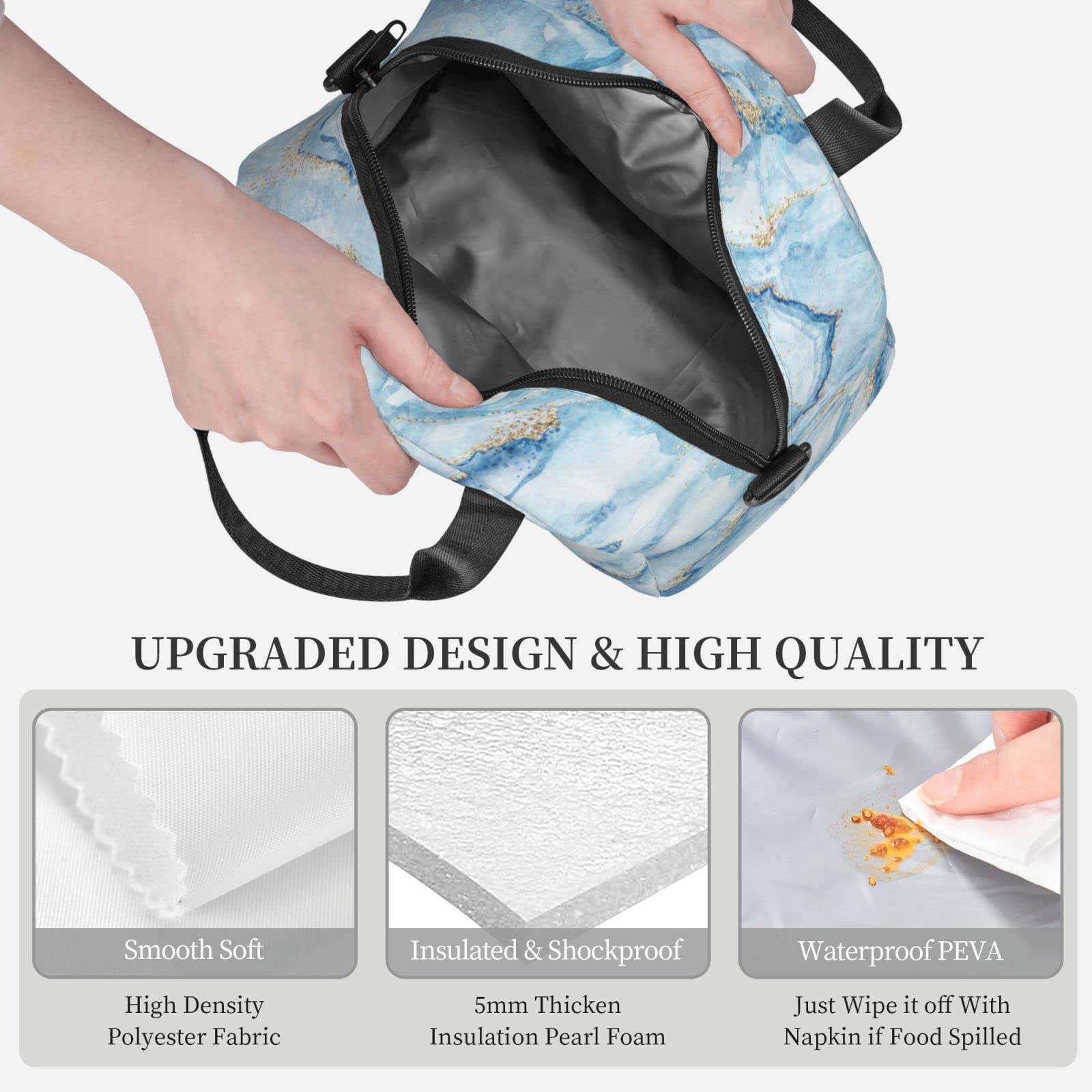 Blue Marble With Gold Glitter Marbling Texture Lunch Bag Reusable Insulated Lunch Tote Bag Lunchbox Container With Adjustable Shoulder Strap For Office Work School Picnic Travel