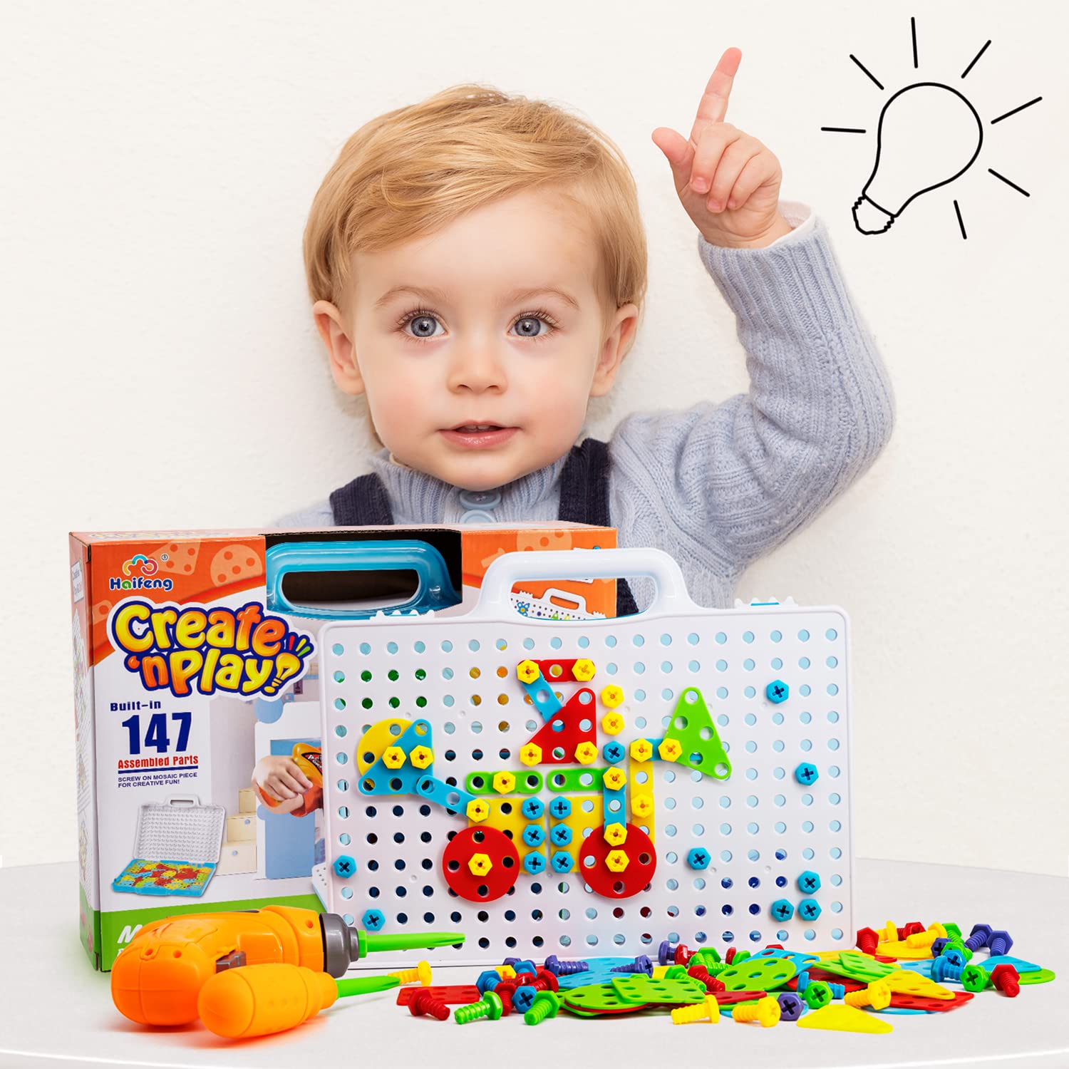 Haifeng 147 Pieces Creative nPlay Drill and Screwdriver Toy Set, DIY Mosaic Design Art Kit, STEM Education Learning Toy for Kids Aged 3-8 Years Old