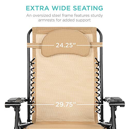 Best Choice Products Oversized Zero Gravity Chair, Folding Outdoor Patio Lounge Recliner w/Cup Holder Accessory Tray and Removable Pillow - Tan