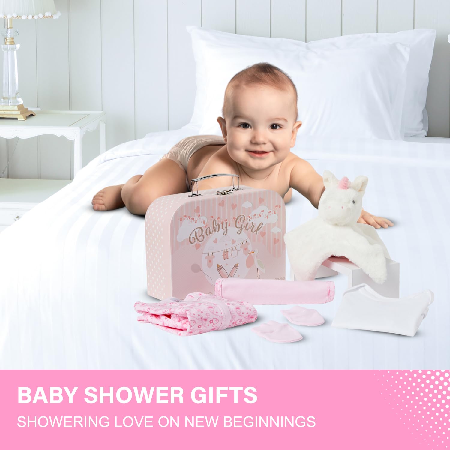 Baby Gift Set in Pink - Hamper for Baby Girl with Newborn Essentials Including a Comforter, Bodysuit, Sleepsuit, Cotton Bib and Mittens