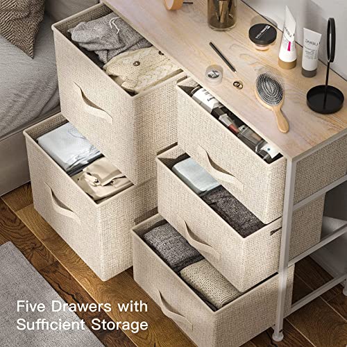 Pipishell Fabric Dresser with 5 Drawers, Wide Dresser Storage Tower, Organizer Unit with Wood Top and Easy Pull Handle for Closets, Living Room, Nursery Room, Hallway