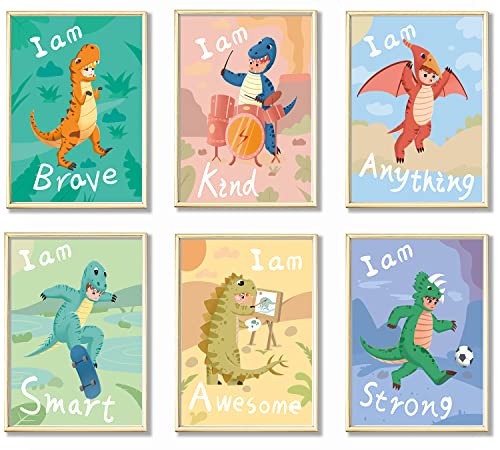 TYZZHOA I Am Awesome-Brave-Smart 6 Pcs 8x10 Inch Dinosaur Wall Art Posters, Dinosaur Room Decor for Boys, Motivational Quote Wall Decor for Playroom, Nursery Room and Kids Room (Unframed).