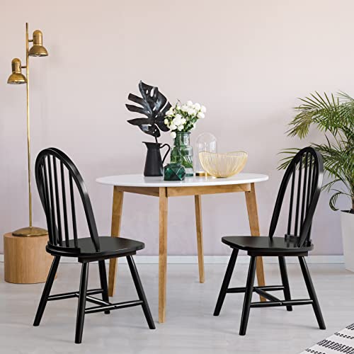 KOTEK Wood Dining Chairs Set of 4, Windsor Chairs with Spindle Back, Solid Wood Legs, Wide Seat, Farmhouse Armless Side Chairs for Living Room, Dining Room, Kitchen (Black)