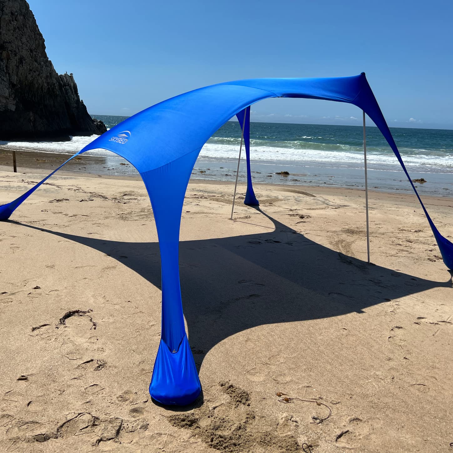 Beach Shade Sun Shelter by Skybed with Built-in Sand Bags - Lightweight, Durable, Small Pack Size - Fits in Carry-On Luggage - Easy, Simple Setup (Extra Large (9'x9' - 90" Poles), Pacific Blue)