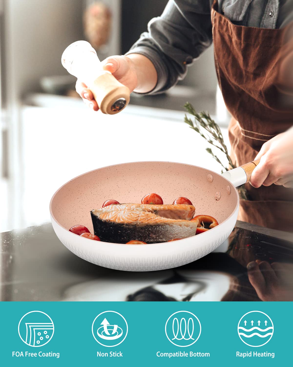 BUNDLEPRO Nonstick Frying Pan, Granite Coating Skillet with Wooden Handle, 9.4'' Induction Compatible White Aluminum Cookware for Cooking Fish, Egg, Chicken, Steak,Vegetables