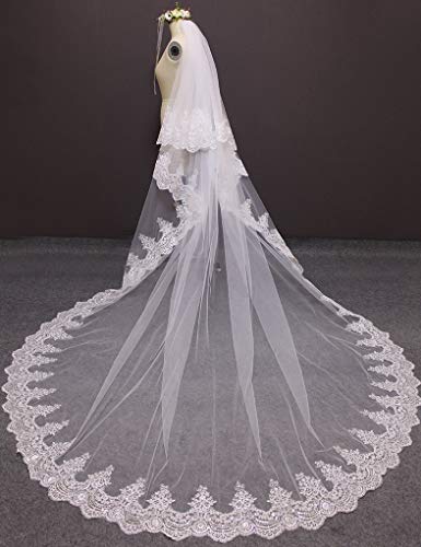 Berrysun Wedding Veil Wedding Accessory 3 Meters Two Layers Full Edge with Sequins Blings Sparkling Lace Luxury Long Wedding Veils White Ivory Bridal Veil (Color : White)