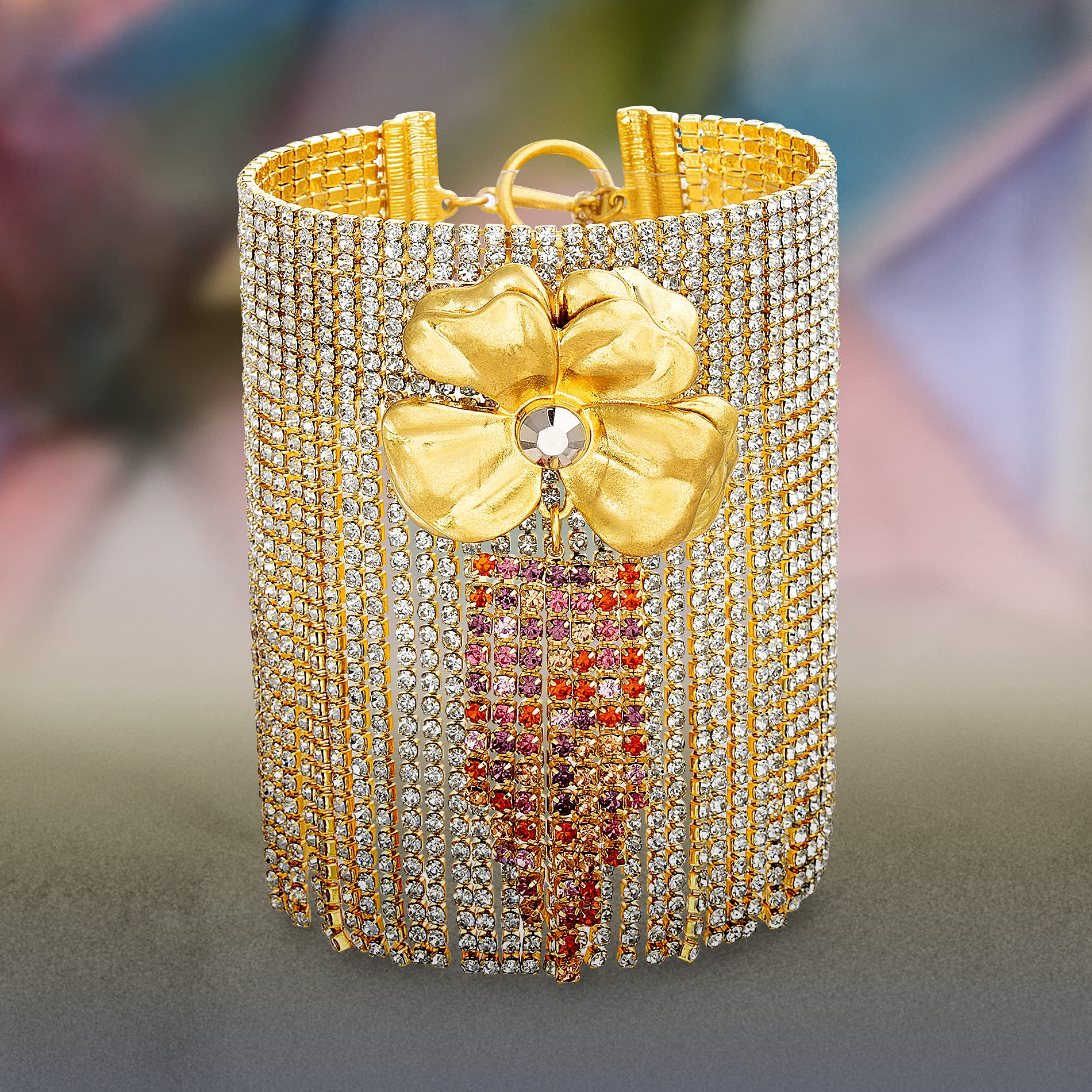 Badgley Mischka Yellow Flower Toggle Rhinestone Chain Fringe Bracelet for Women