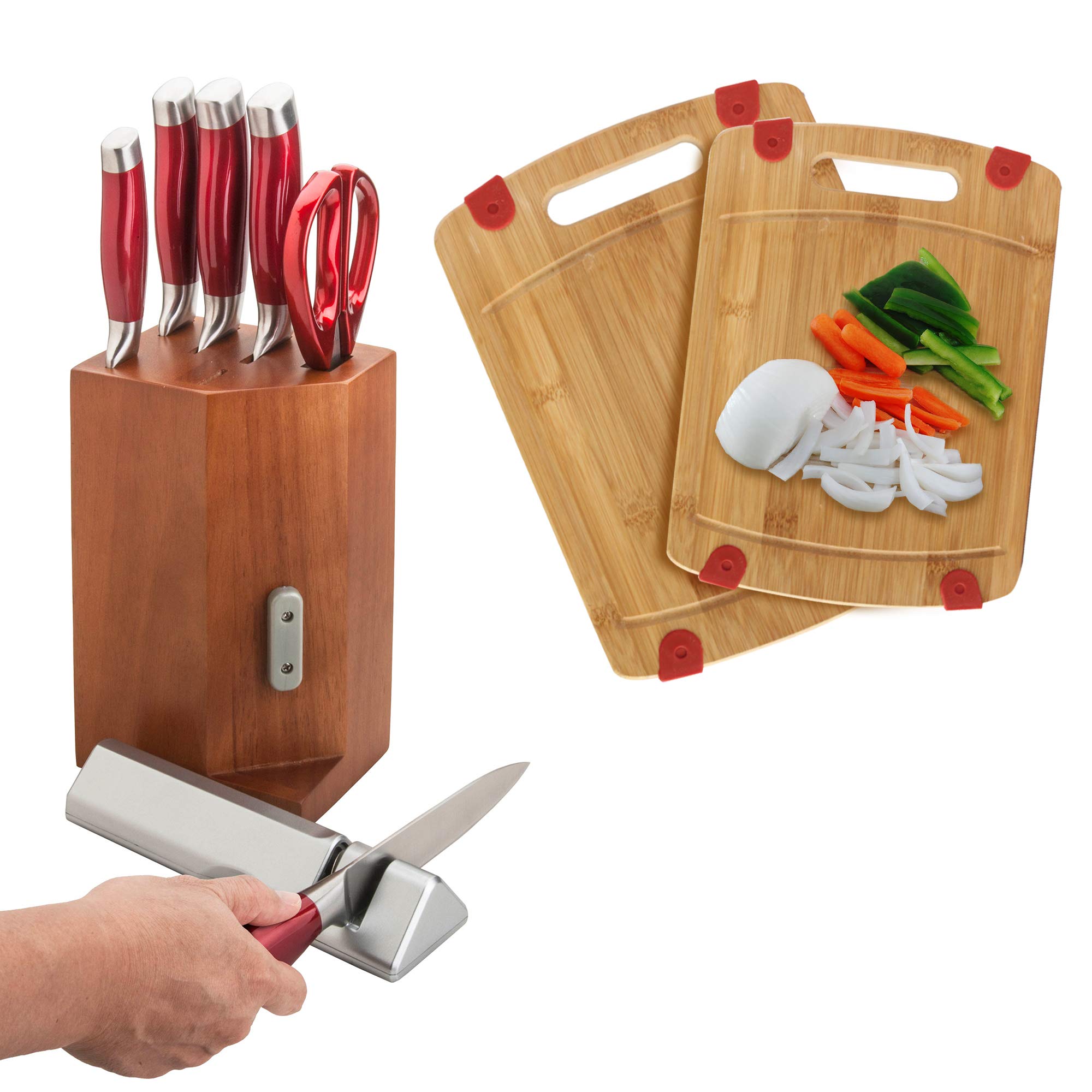 New England Cutlery 7- Piece Knife Block Set with Sharpener - Red
