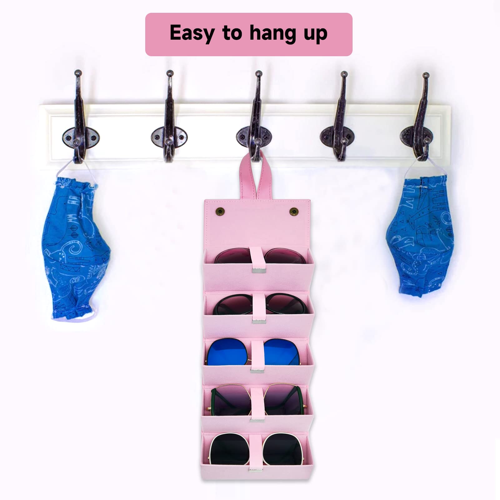 BBKON Sunglasses Organizer with 5 Slots, Travel Glasses Case, Portable Eyeglasses Holder Storage Box for Men Women (Pink)