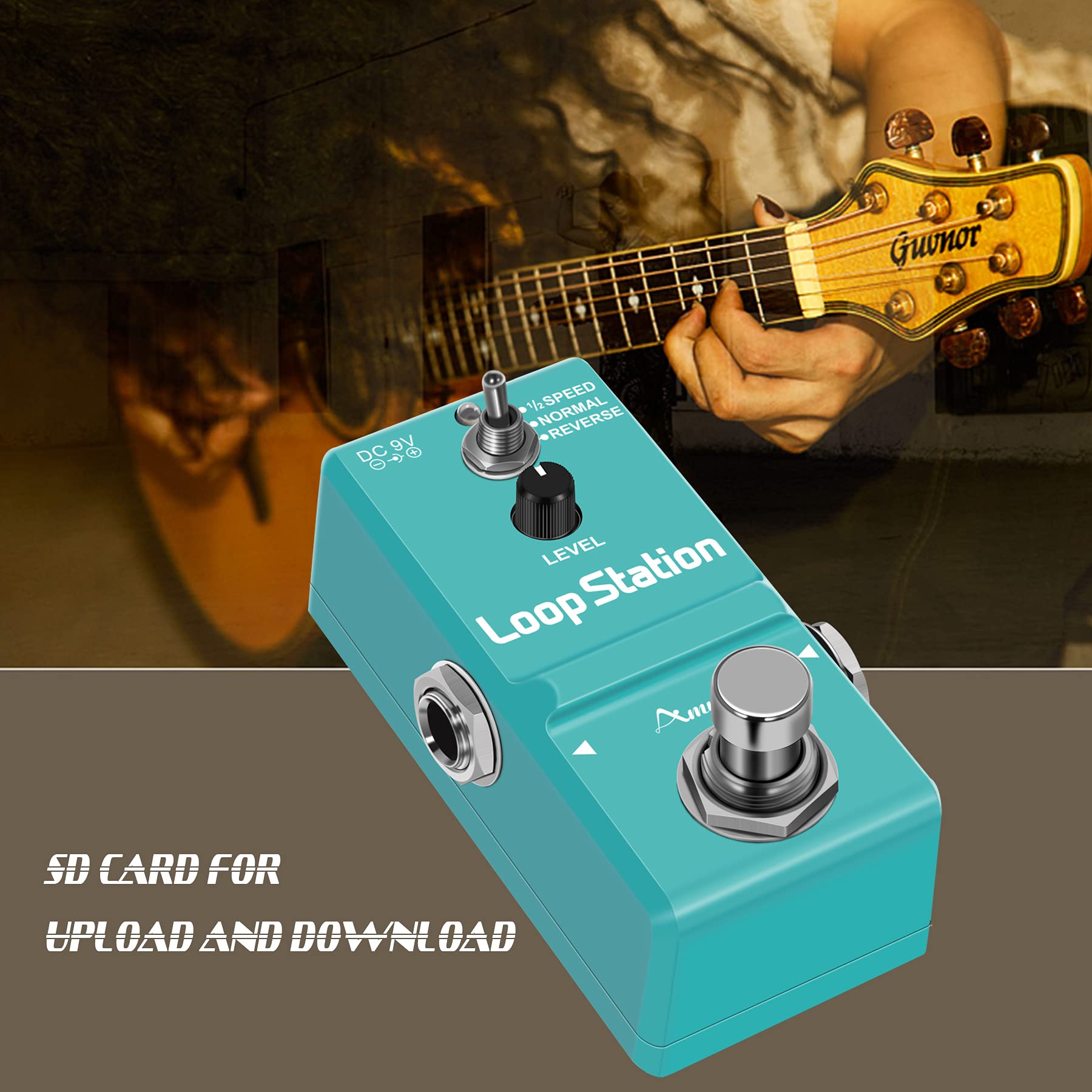 Amuzik Looper Guitar Pedal for Electric Guitar Loop Station Pedal Unlimited Overdubs 10 Minutes of Looping, 1/2 time, and Reverse, built-in SD Card for memory with 3 Modes Mini Size