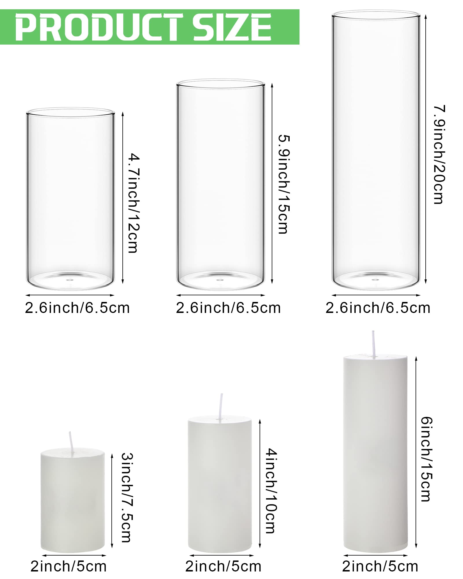 Shihanee 36 Pcs Pillar Candles and Glass Cylinder Vases Cylinder Candle Holders for Slim Pillar Candles Wedding Centerpieces(2.6'' X 4.7'', 5.9'', 7.9'',Clear,White)