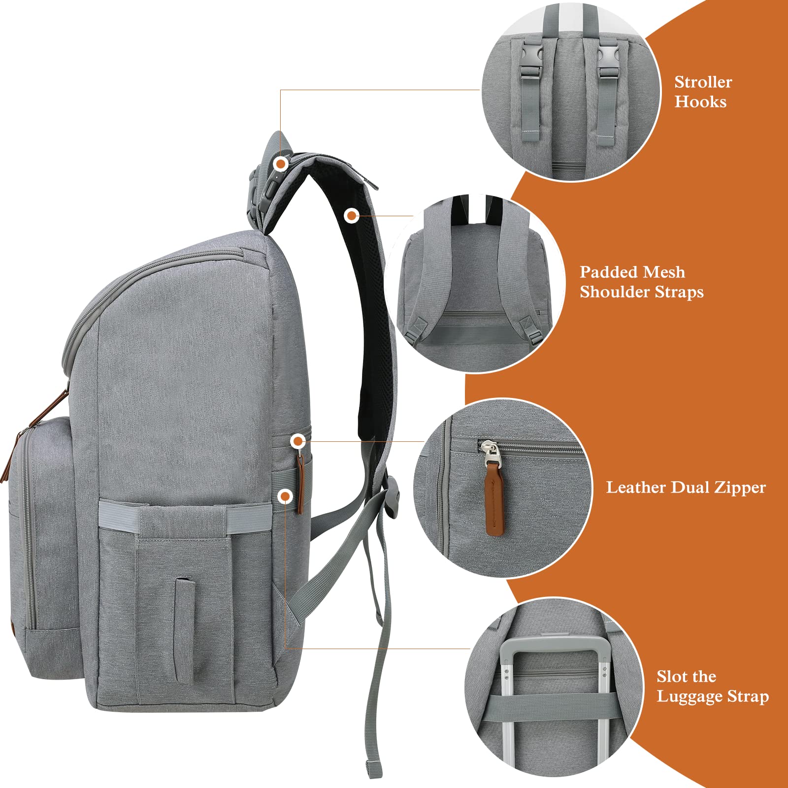 BAGSVIEWER Diaper bag backpack, Waterproof Baby Bag with Extra Large Changing Pad, Multifunctional Baby Diaper Bag Travel Backpack, Large Capacity, Stylish and Durable, Grey