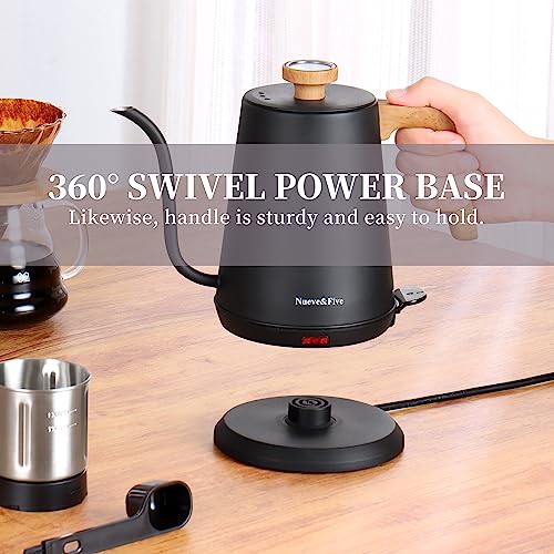Nueve&Five Gooseneck Electric Kettle with Thermometer, Black Electric Kettle 1L with Auto Shut-Off,1000W Hot Water Kettle of Stainless Steel, Pour Over Kettle for Coffee & Tea