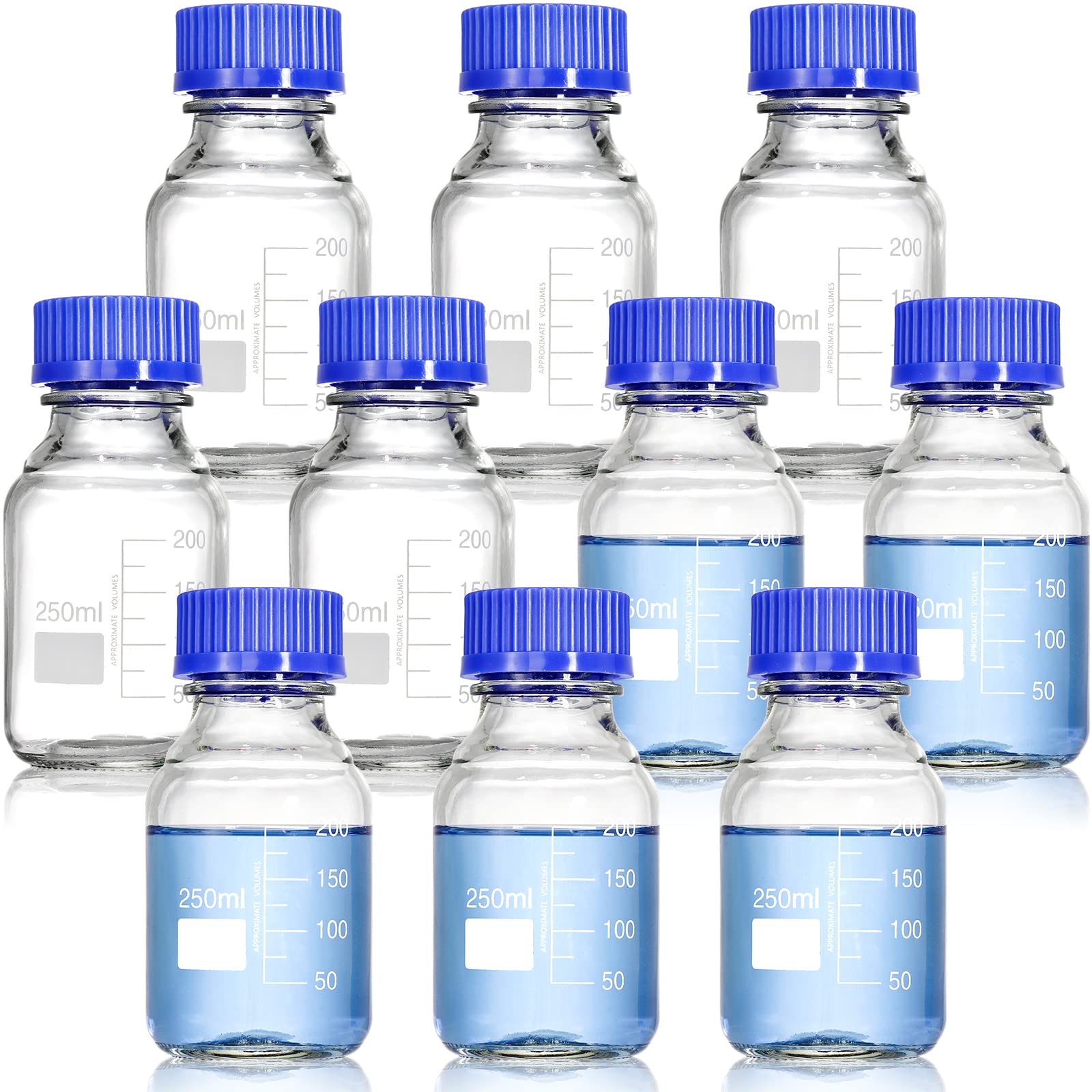 Yopay 10 Pack Media Storage Bottles with GL45 Blue Screw Cap, 250ml Reusable Glass Bottle, Round Scientific Glass Container for Labs, Classrooms or Home Use
