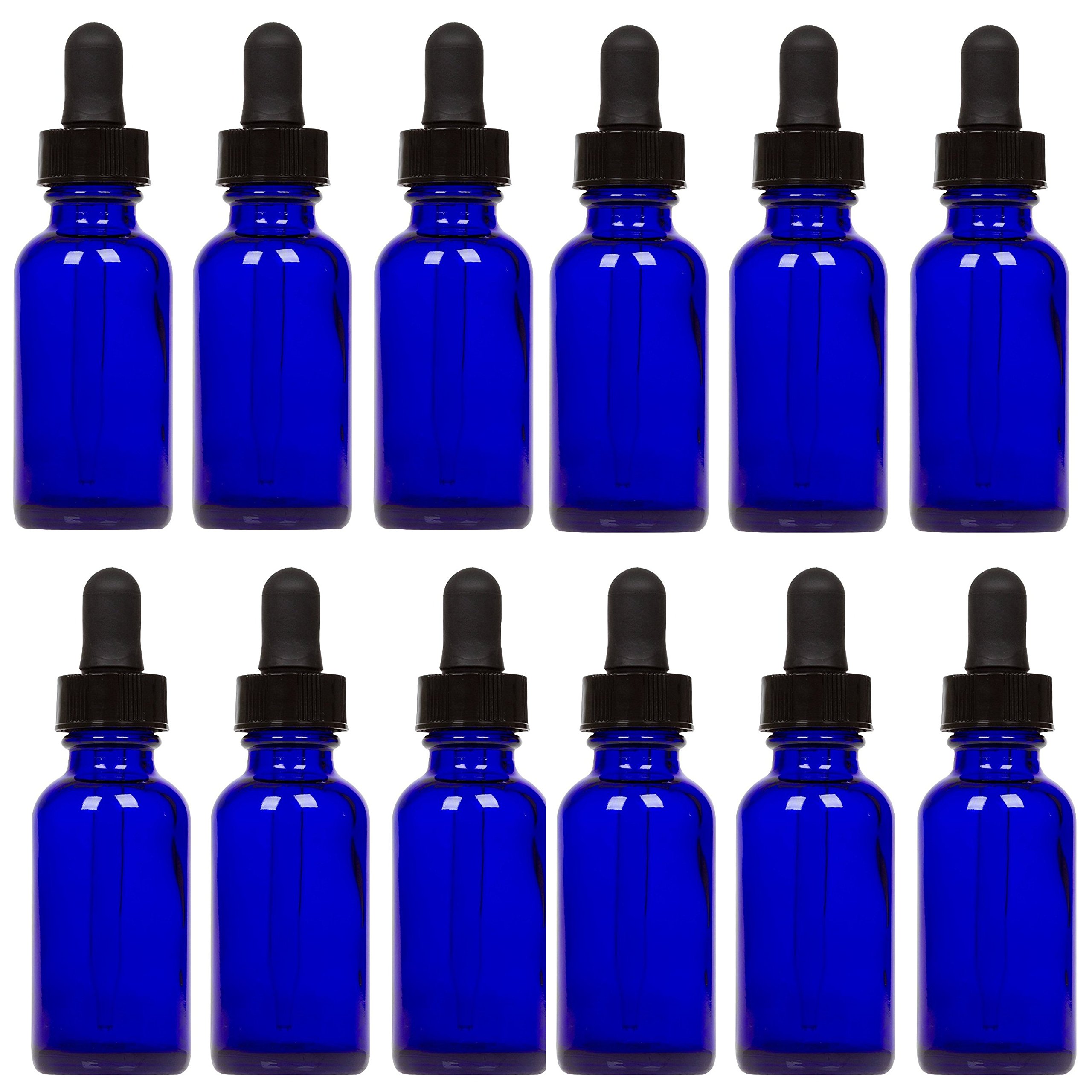 Cobalt Glass Bottles with Eye Droppers (1 oz, 12 pk) For Essential Oils, Colognes & Perfumes, Blank Labels Included