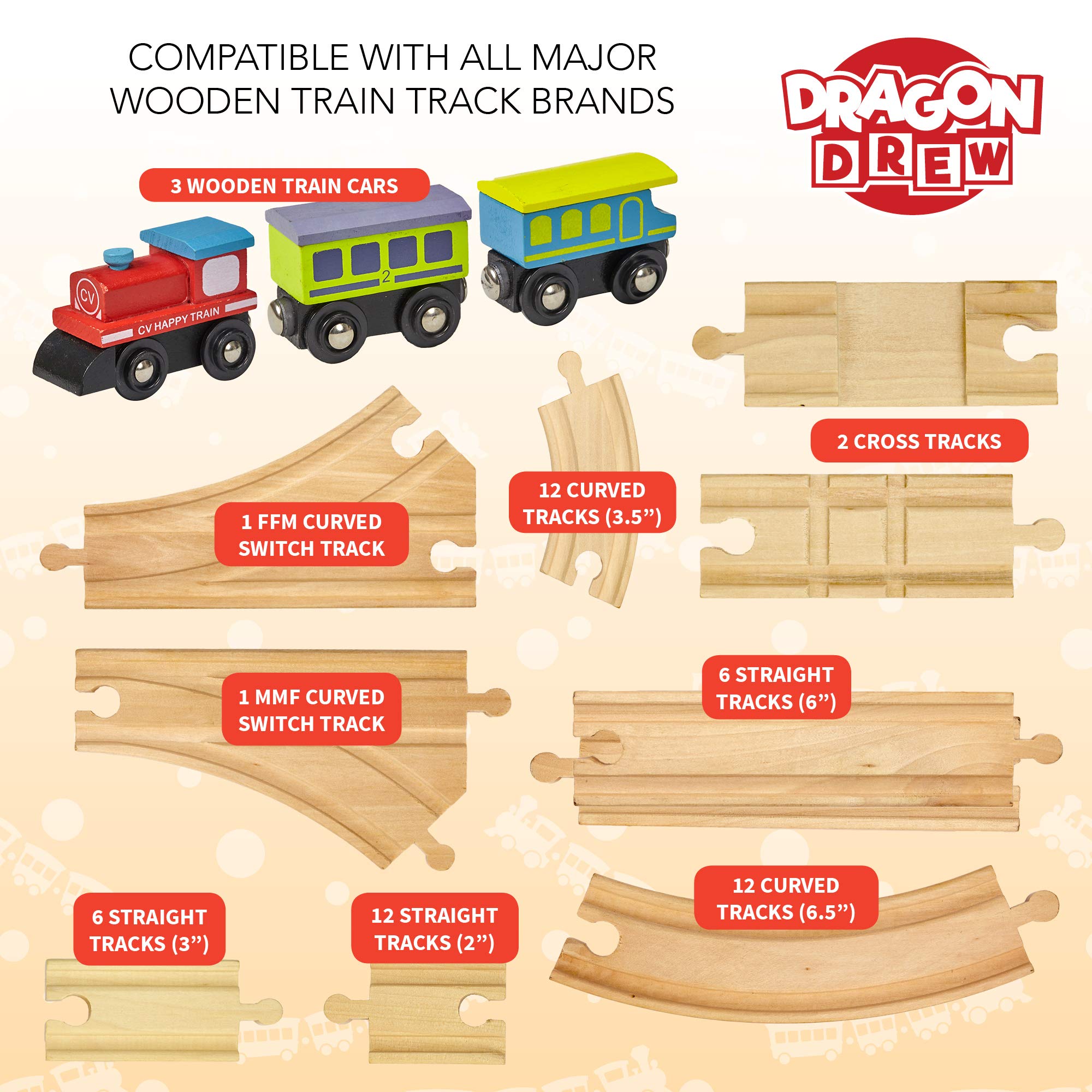 Dragon Drew Wooden Train Tracks - 55 Piece - Compatible with Brio, Thomas, Chuggington and All Major Brands – Accessories and Expansion Kit Includes 52 Tracks and 3 Cute Cars