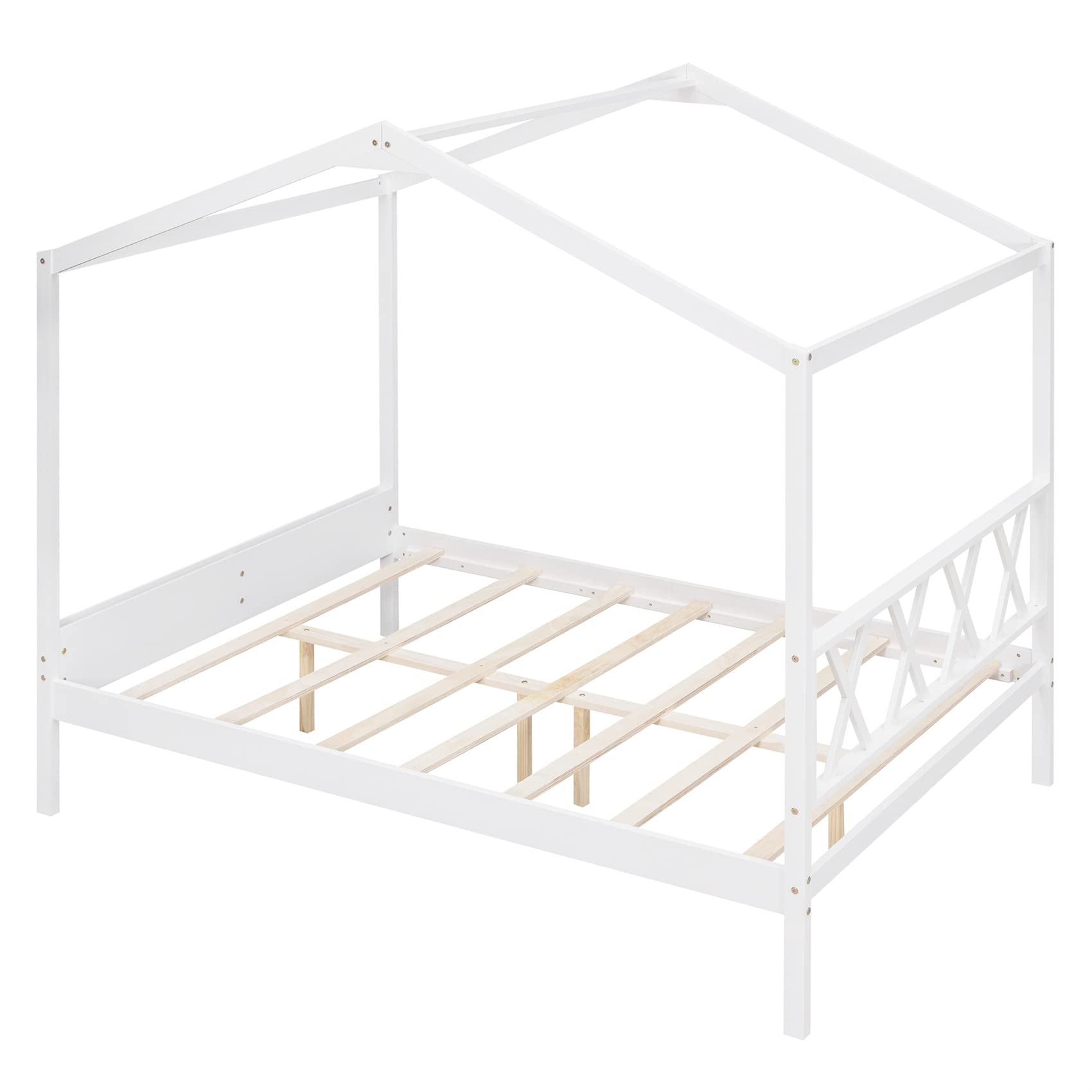 Full House Bed for Kids Montessori Bed with Headboard and Storage Footboard Wood Platform Bed Frame White House Beds for Girls Boys Teens Adults, Full Size, White