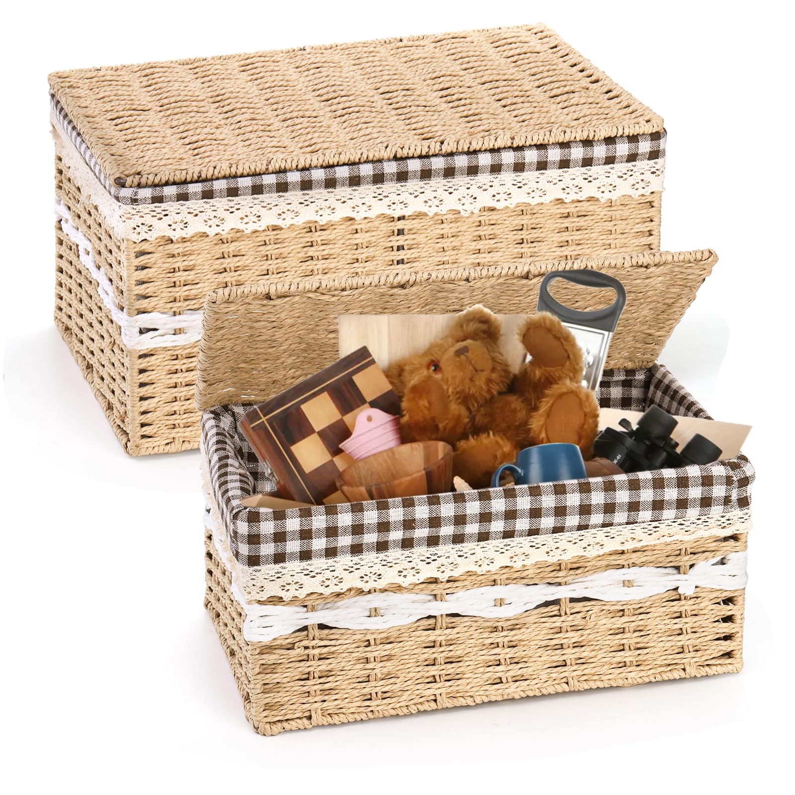 Coloch 2 Pack Paper Rope Woven Storage Basket with Lid, Decorative Wicker Storage Bins with Removable Liner Stackable Shelf Baskets for Countertop, Toys, Towels, Small Household Items, 2Sizes