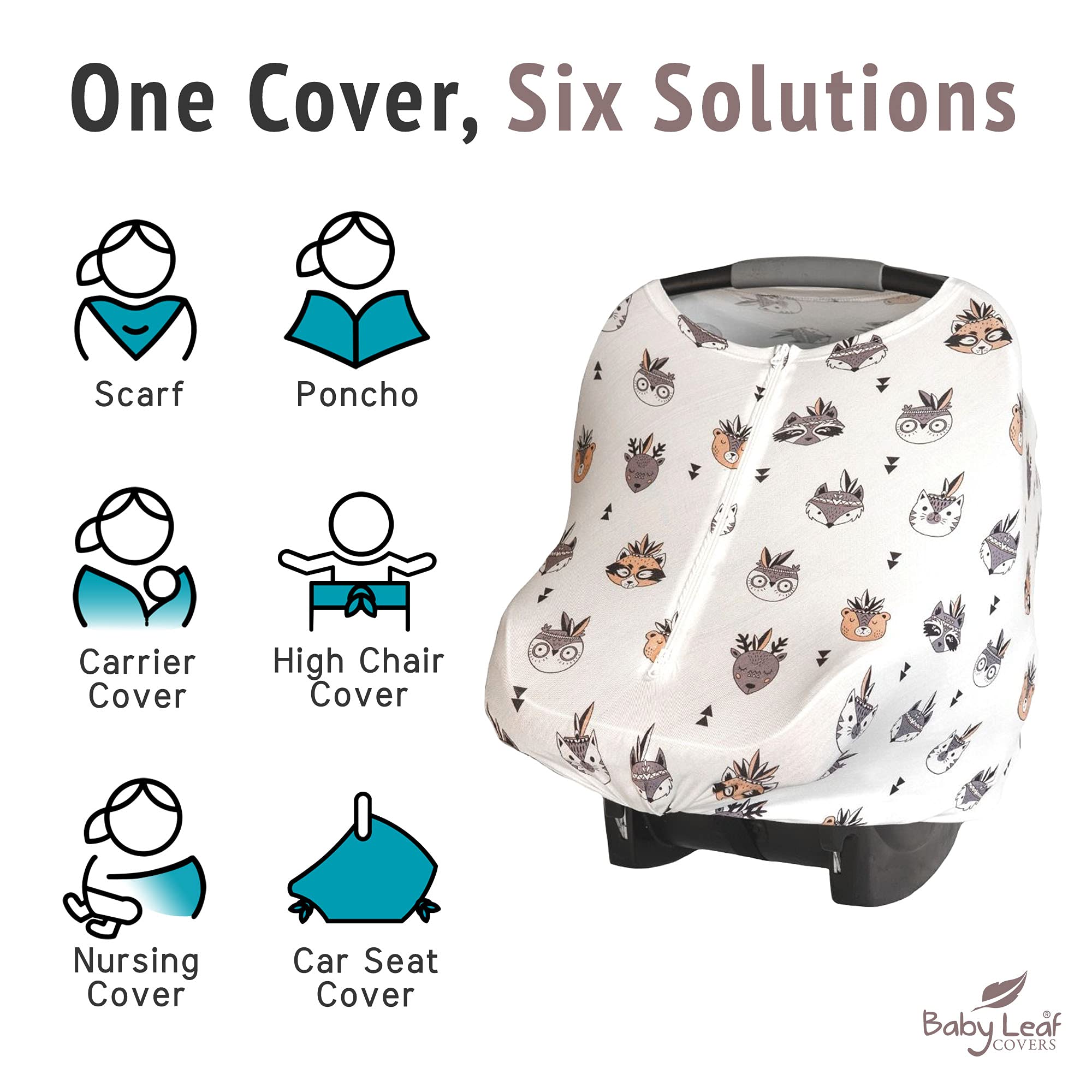 Baby Leaf Covers - Stretchy Multi Use Infant Car Seat and Stroller Canopy with Double Zipper, Breathable Nursing Poncho and Breastfeeding Scarf, Woodland