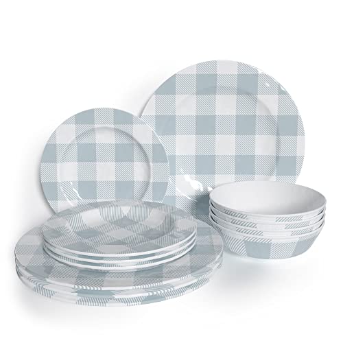 Barnyard Designs 12-piece Melamine Dinnerware Set, Durable Chip-Resistant Dishware for Indoor/Outdoor Use, Service for 4, Light Blue Buffalo Plaid, (Dinner Plate: 11”, Salad Plate: 8.5”, Bowl: 7”)