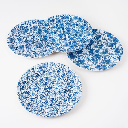 Blue & White Floral Pattern Picnic/Dinner Plate, 9 Inch Melamine, Set of 4