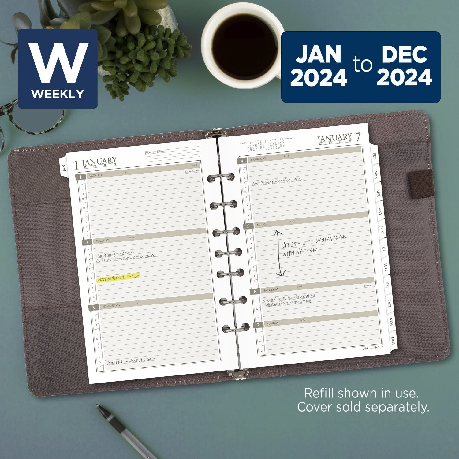 AT-A-GLANCE 2024 Weekly & Monthly Planner Refill, 5-1/2" x 8-1/2", Desk Size, Loose-Leaf (481-285Y-24)