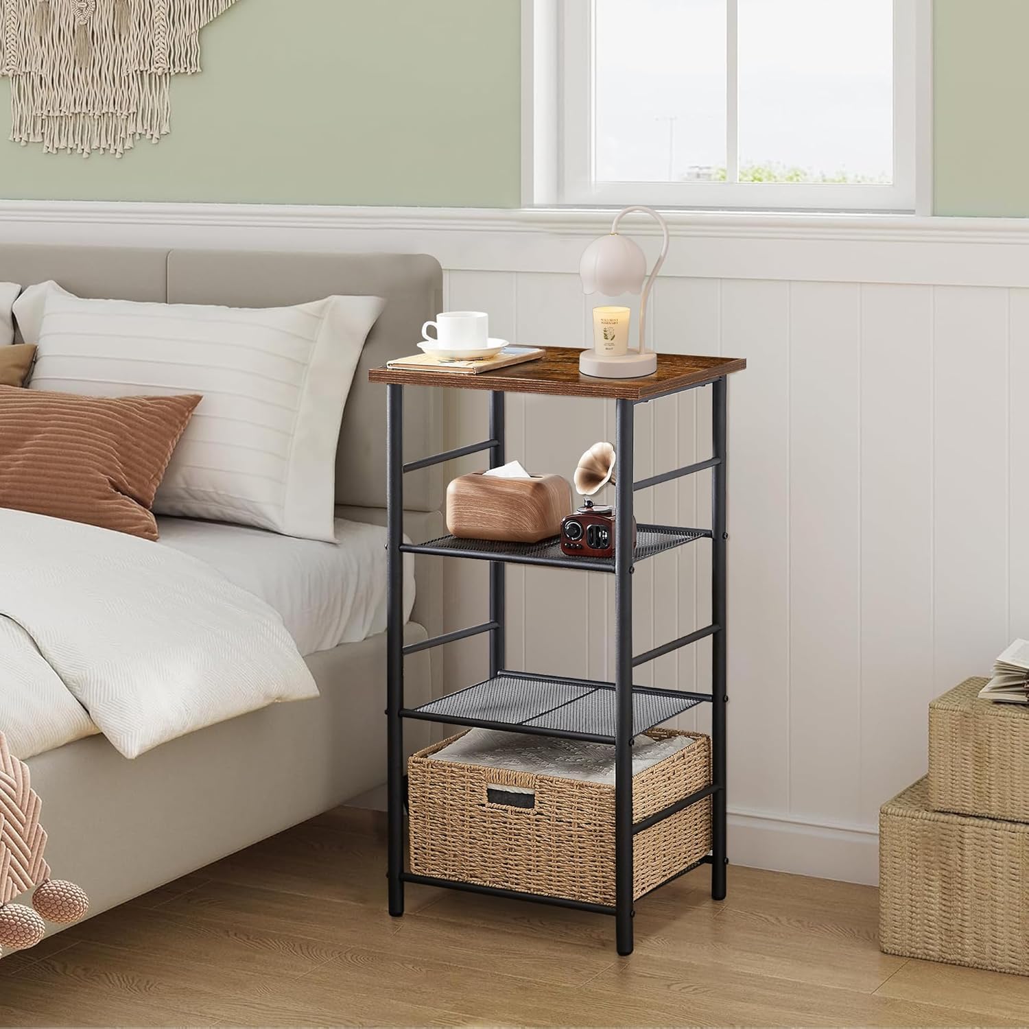 VECELO Tall Side Table, 3-Tier Telephone Stand with Storage Shelf and Baskets, High Nightstand for Small Space, Living Room, Bedroom, Office, Brown