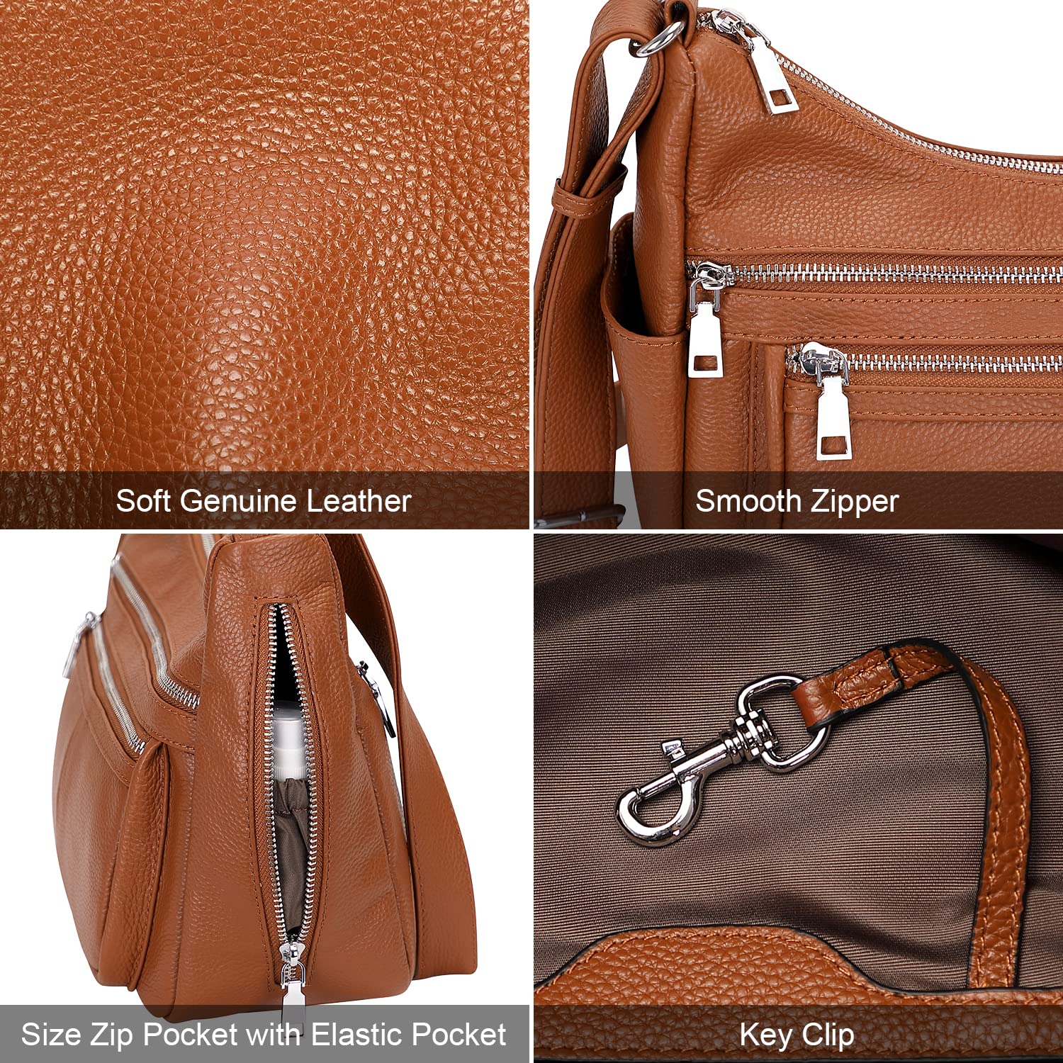 Over Earth Genuine Leather Purses and Handbags for Women Soft Leather Crossbody Bag Ladies Message Bag with Multi Pockets(O154E Brown)