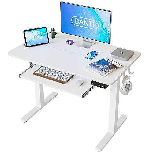 BANTI 40" x 24" Height Adjustable Electric Standing Desk with Keyboard Tray, Sit Stand up Desk with Splice Board, White Frame/White Top