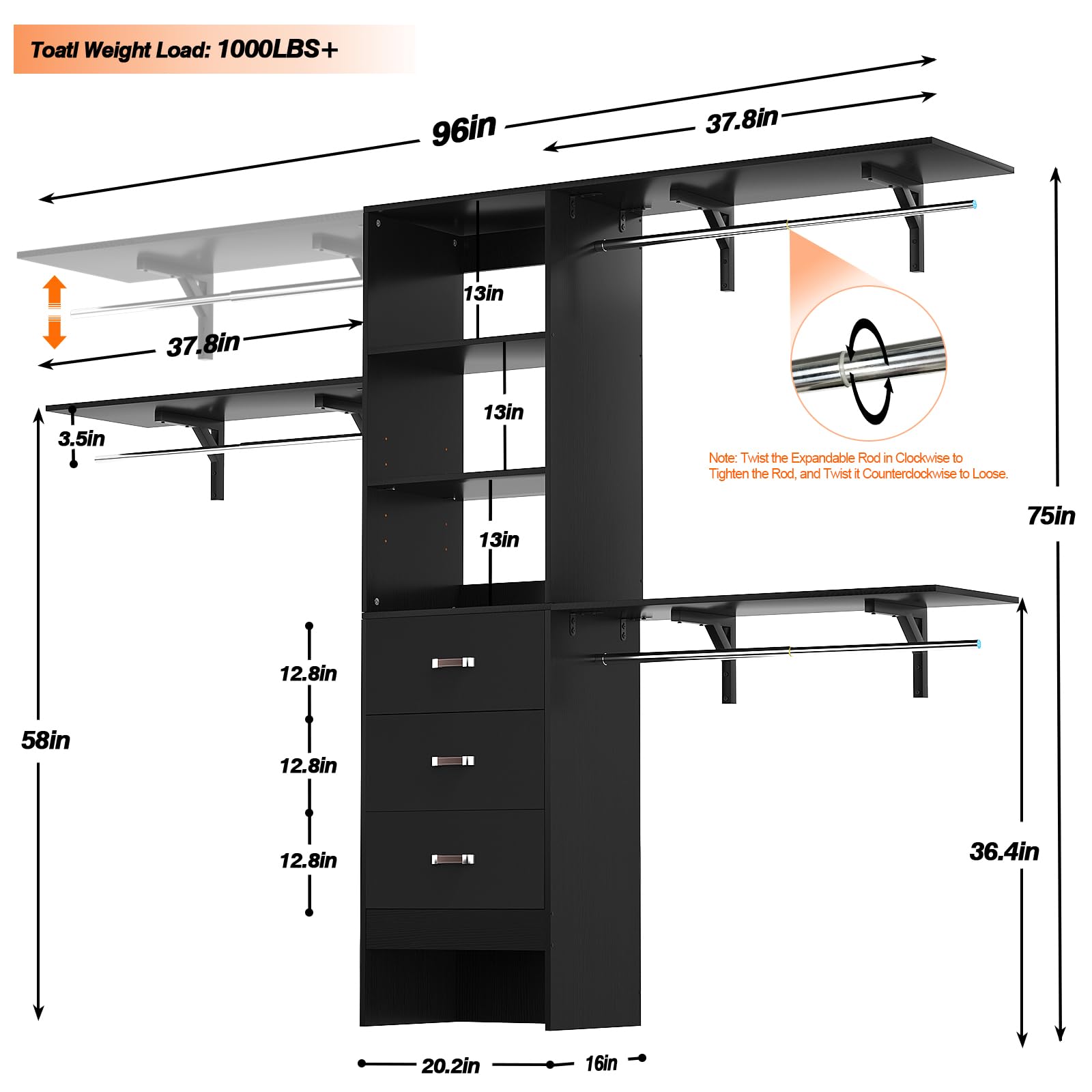 iSunirm 8FT Closet System, 96'' Closet Organizer System with 3 Hanging Rods, Wall Mount Bedroom Wardrobe with 3 Drawers Walk-in Closet, Adjustable Cloth Garment Rack from 5 to 8FT (Cut to Fit), White