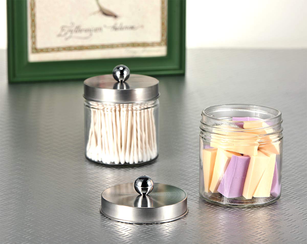 Bathroom Vanity Glass Storage Organizer Holder Canister Apothecary Jars for Cotton Swabs, Rounds, Balls, Qtips,Makeup Sponges, Flossers,Bath Salts - 2 Pack, Clear (Brushed Nickel)