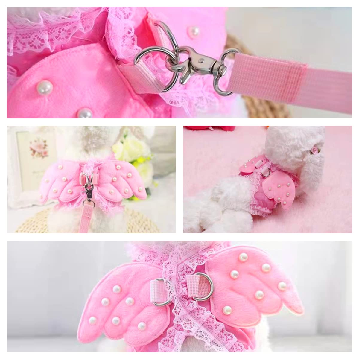 Pink Cute Adorable Pet Cat Dog Harness and Leash Set with Lace Artificial Pearl Angel Wing (Small)