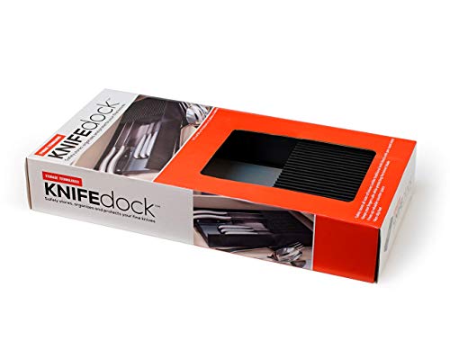 Plastic KNIFEdock - In-Drawer Knife Storage for your kitchen. Replace your knife block with a revolutionary product. Clear your counter top of clutter, and easily identify the desired knife. KNIFEdock