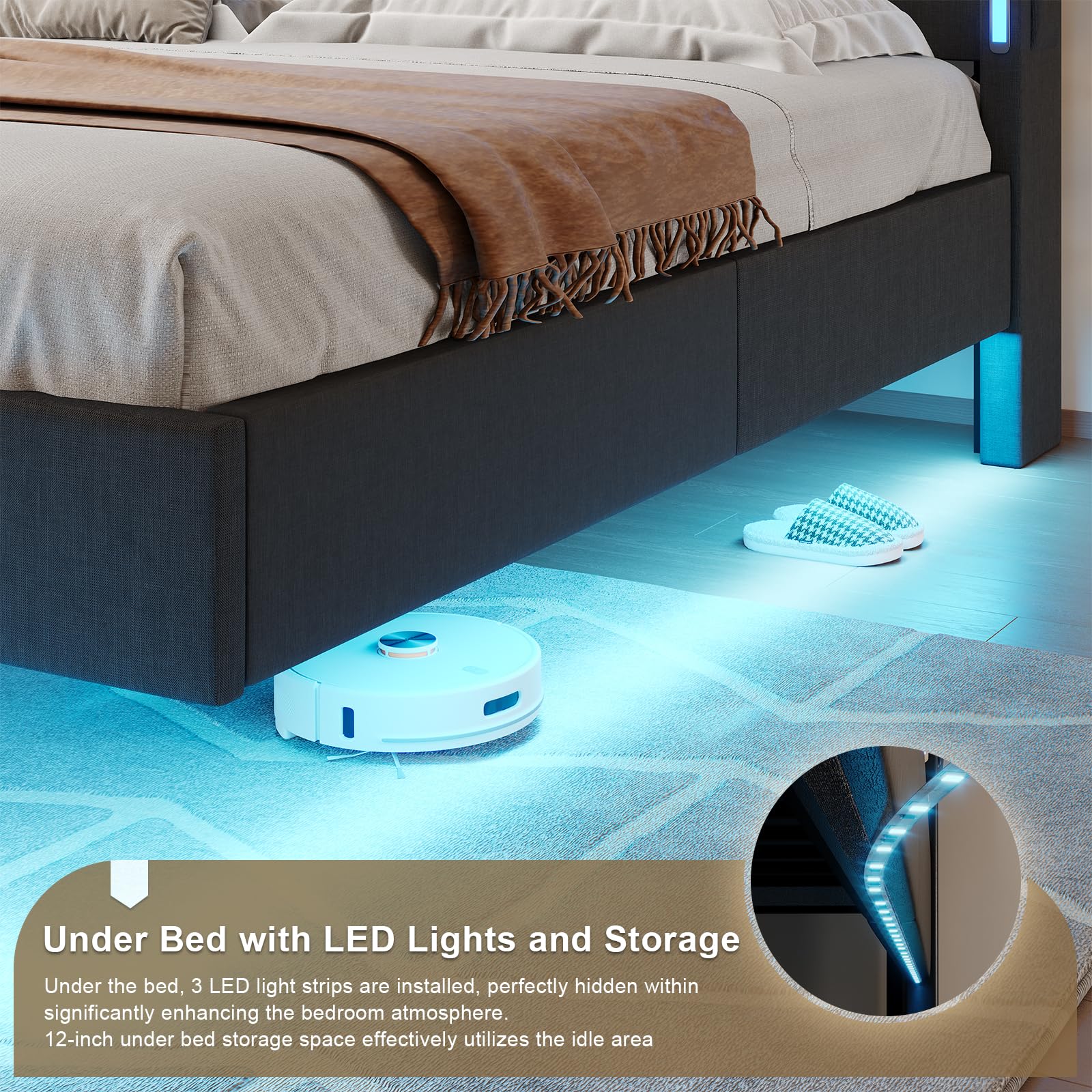 busyaeh King Floating Bed Frame with Hidden Storage Space and Charging Station, RGB Light Fabric Platform Bed with LED Light, No Box Spring Needed, Dark Gray