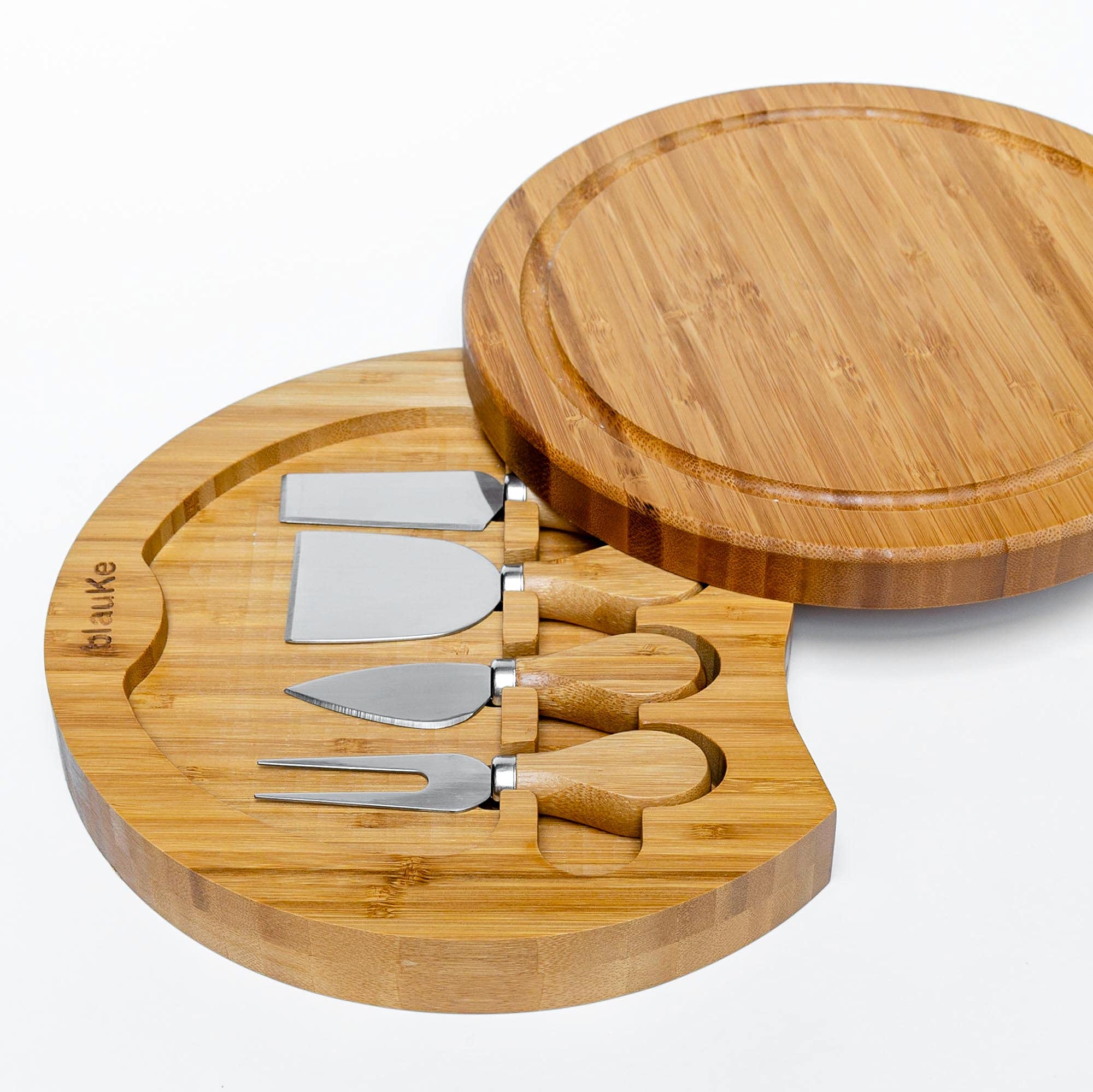 BlauKe Bamboo Cheese Board and Knife Set – 10 inch Round Charcuterie Board, Serving Tray, Platter, Wood Cheese Board Set – Gift Idea