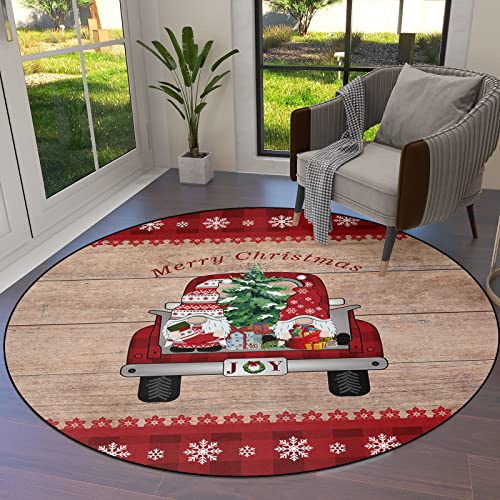 OUR DREAMS Christmas Round Area Rugs Children Crawling Mat Non-Slip Mat, Truck Xmas Gnomes on The Wooden Board Residential Carpet for Living Dining Room Kitchen Rugs Decor, 3Ft(36In)
