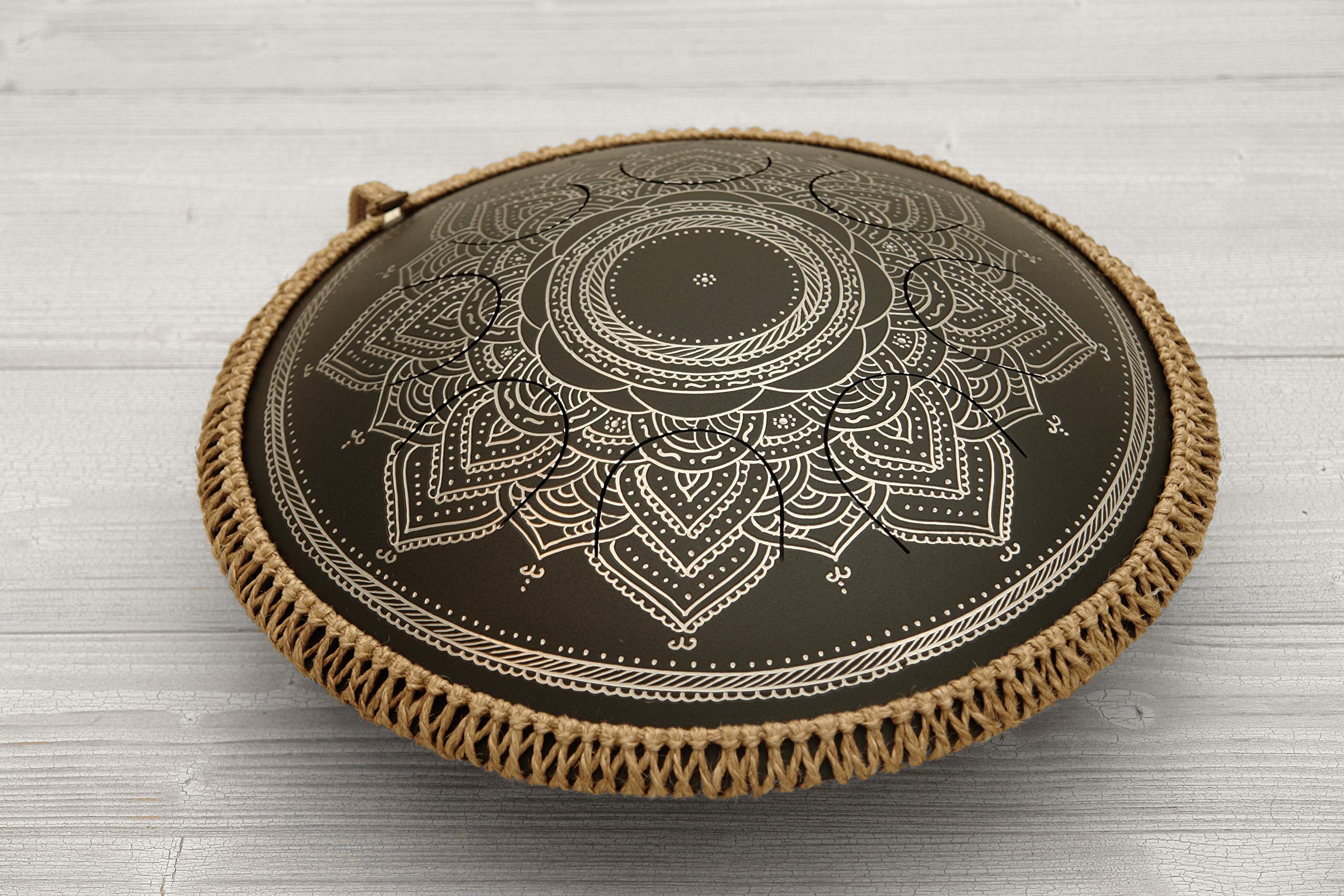 GUDA DRUM Freezbee Black with Ice Flower design, FREE Rope Decoration and Travel Bag